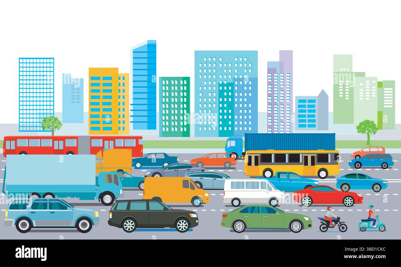 City overview with expressway in traffic jam illustration Stock Vector ...