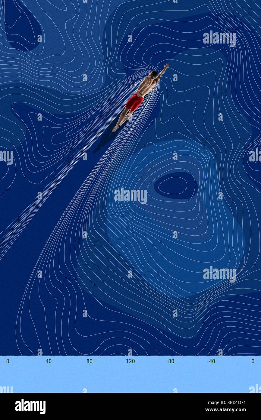 Contemporary art collage. Male swimmer in trunks moves through deep ...