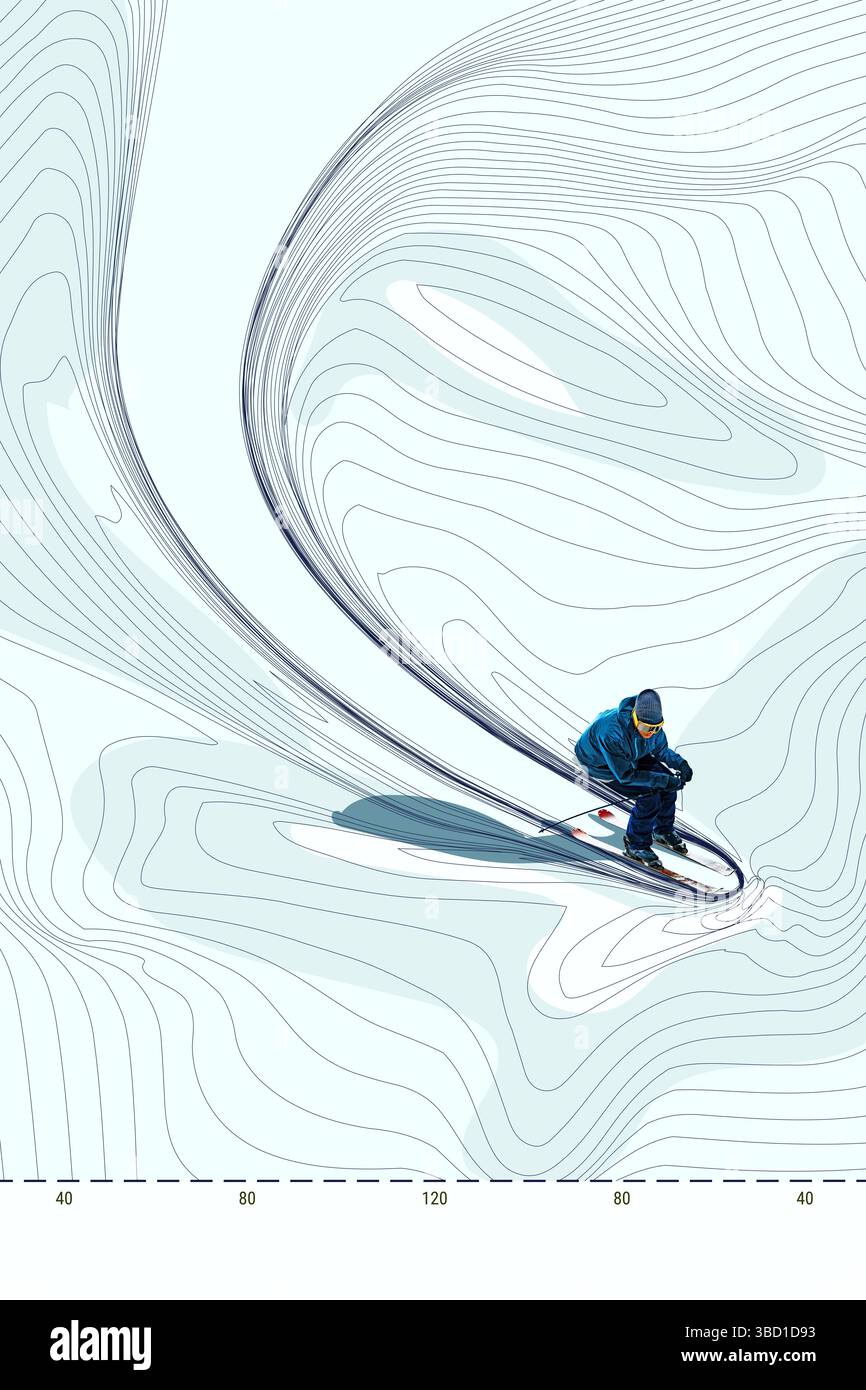 Contemporary art collage. Skier in dark outfit moves swiftly across icy ...