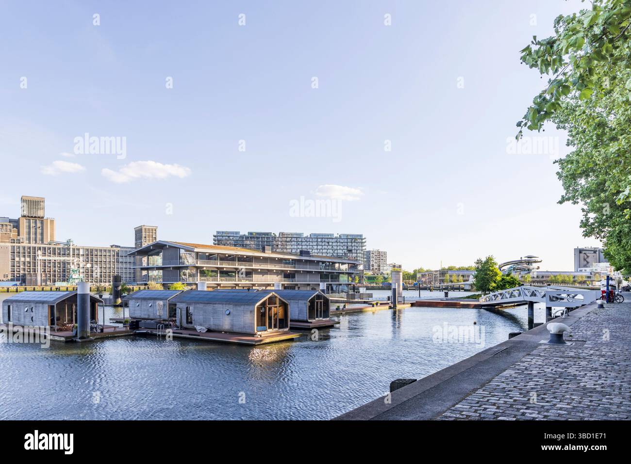 Tiny floating houses in Rotterdam port city in South-Holland the west ...