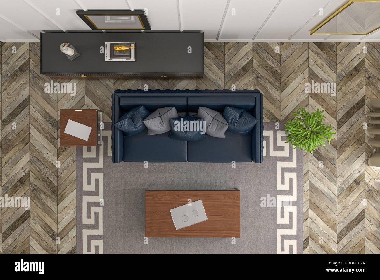 3d render modern living room interior .corner view .top view Stock ...