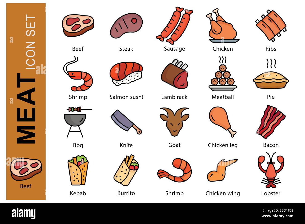 Meat icon set. colored outline icon style. containing icon beef, steak ...