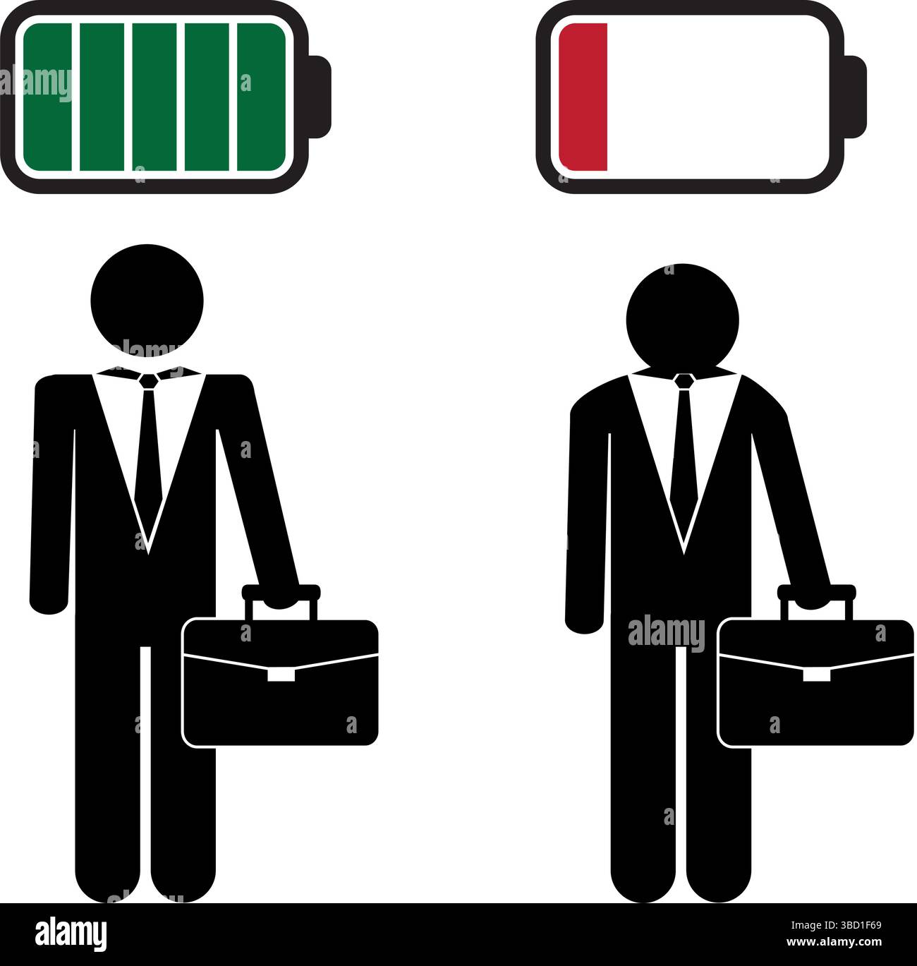 business man with fully charged and empty battery pictogram isolated ...