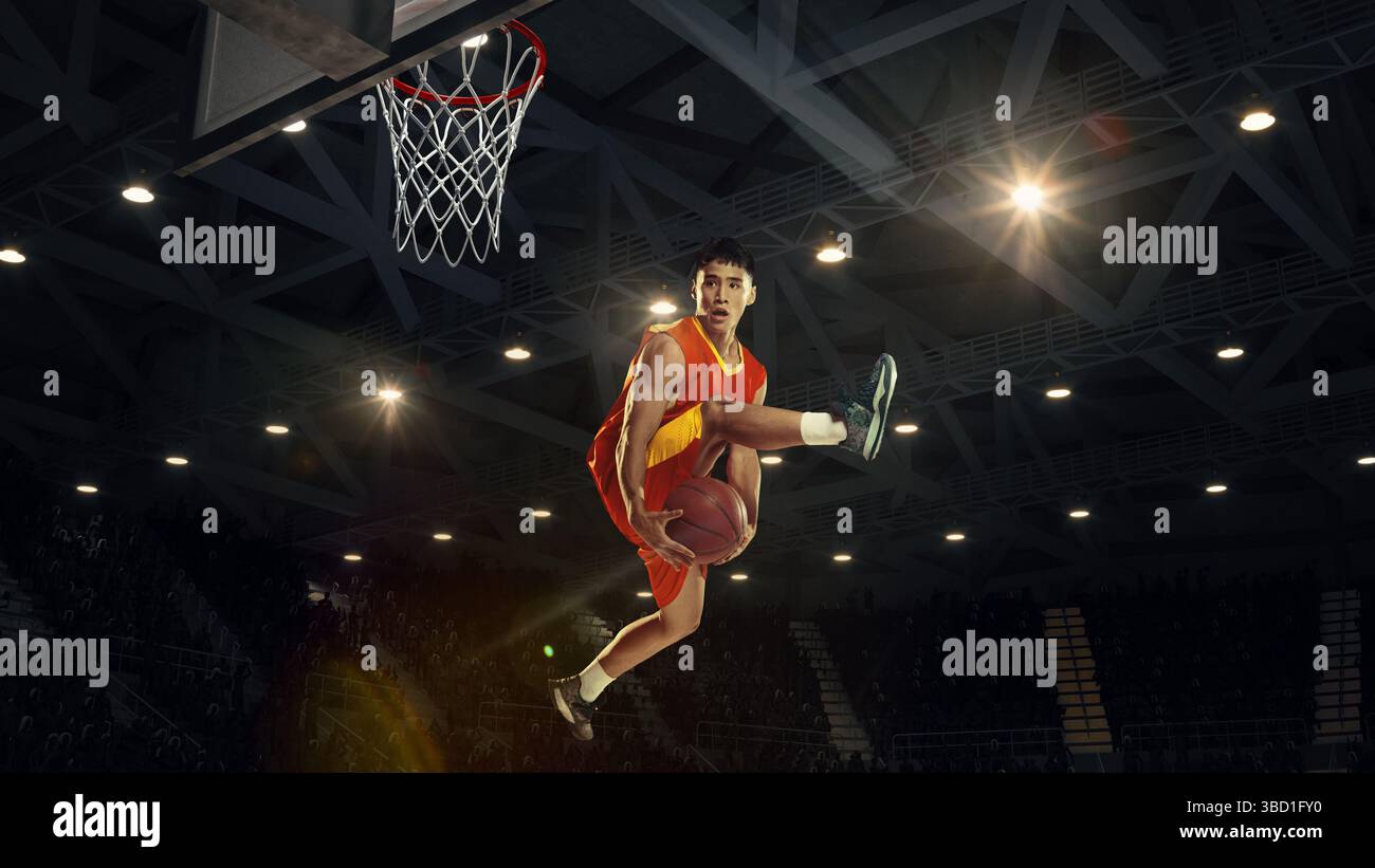Conceptual collage. Basketball player jumps high holds ball under ...