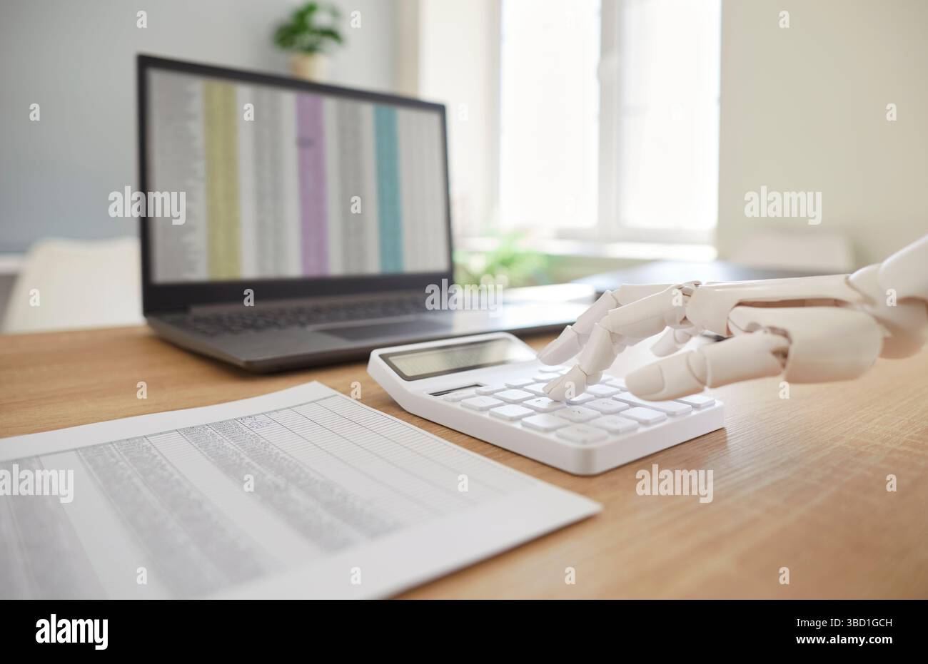 Robotic hand, mechanical arm counting on calculator, accounting ...