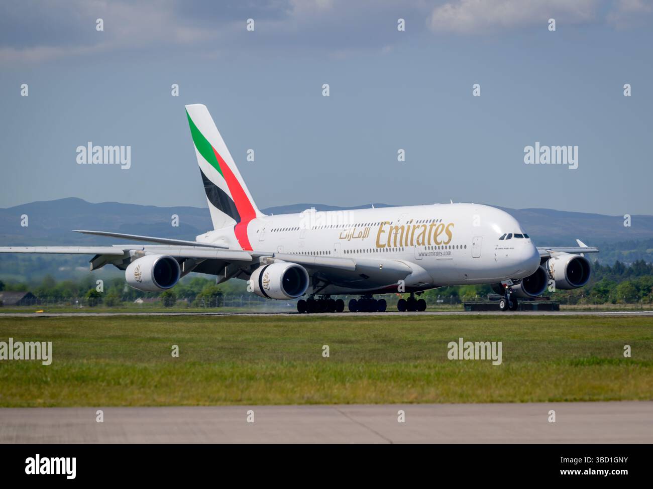 Emirates Airbus A380-800 landing at Glasgow Airport Stock Photo - Alamy