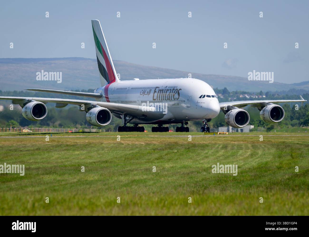 Emirates Airbus A380-800 landing at Glasgow Airport Stock Photo - Alamy