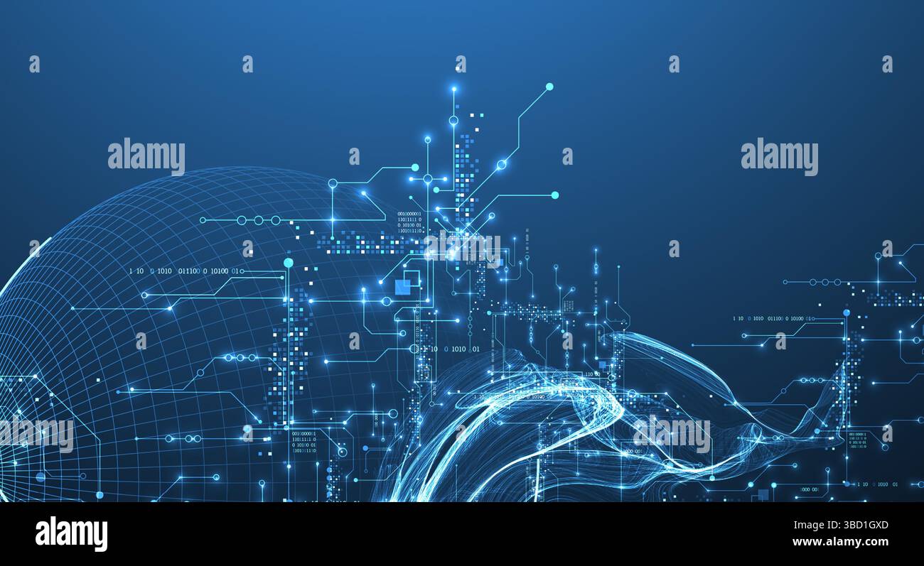 Abstract data wave with sphere and futuristic circuit lines. Technology ...