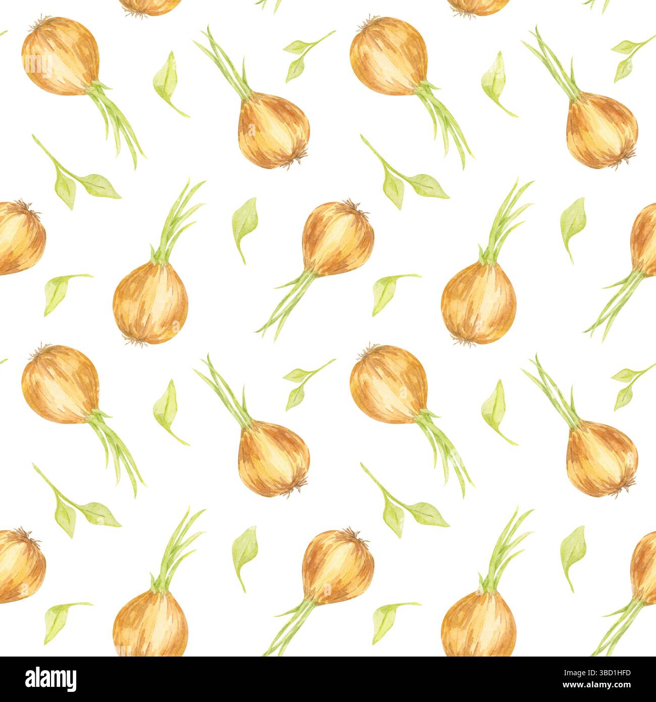 Hand-painted watercolor clipart of onions arranged in a seamless ...