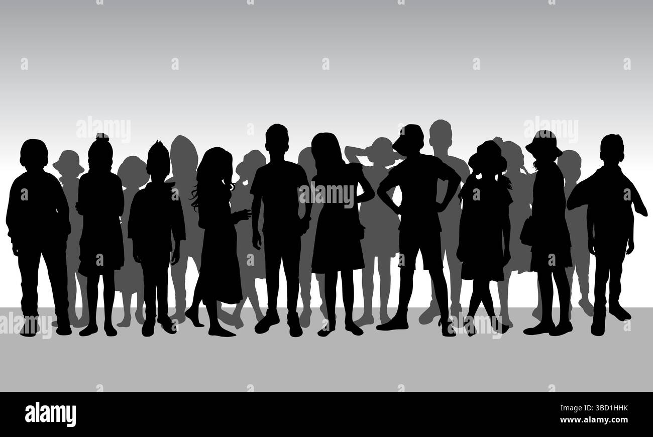 Silhouette of a Diverse Group of Children Standing Together Stock ...