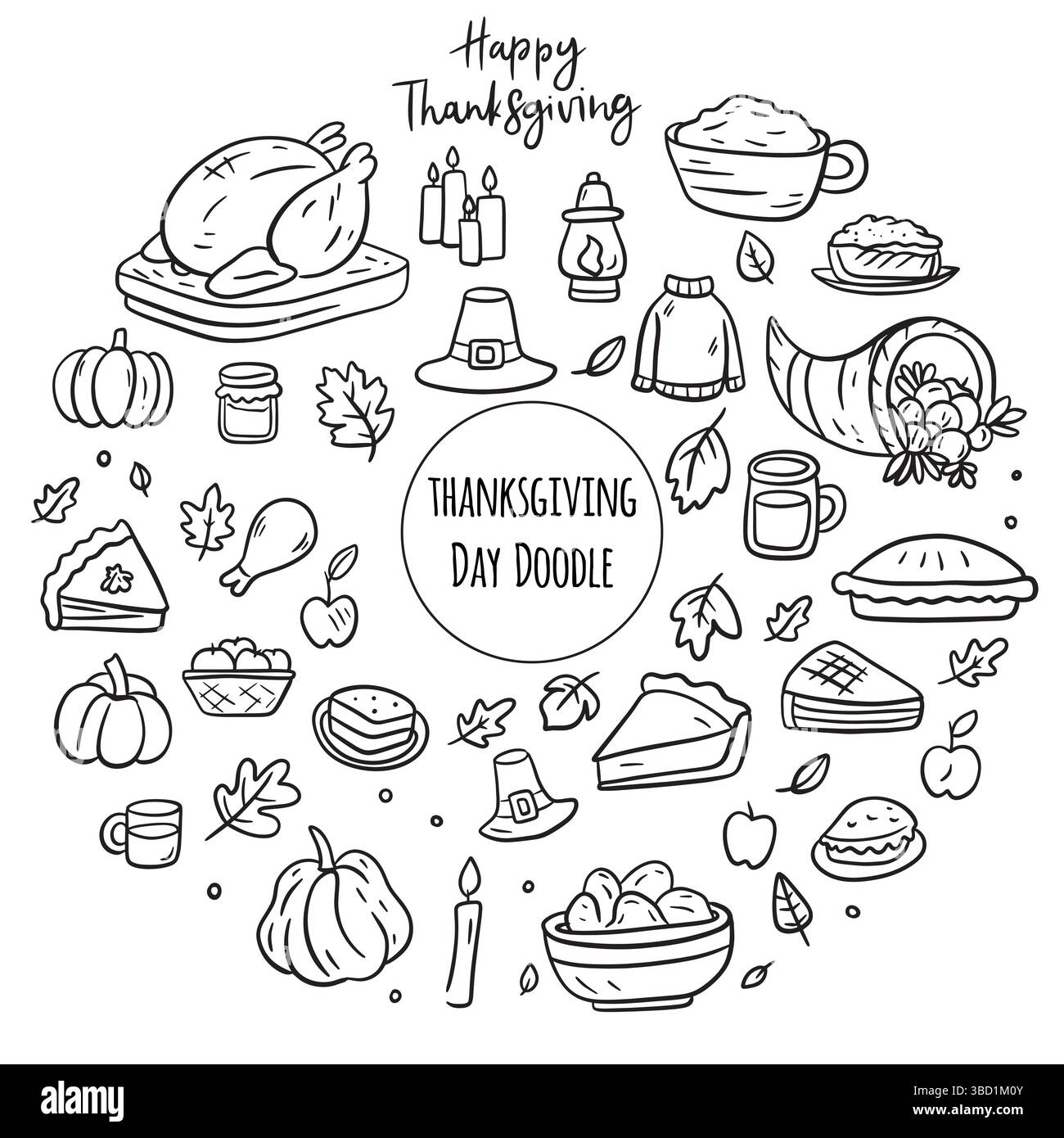 Thanksgiving outline doodle big set. Autumn collection of hand drawn ...