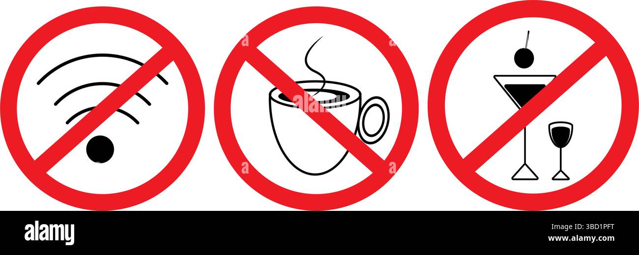 WiFi sign, Coffee cup, Alcohol drinks Minimalistic Icons under The ban ...
