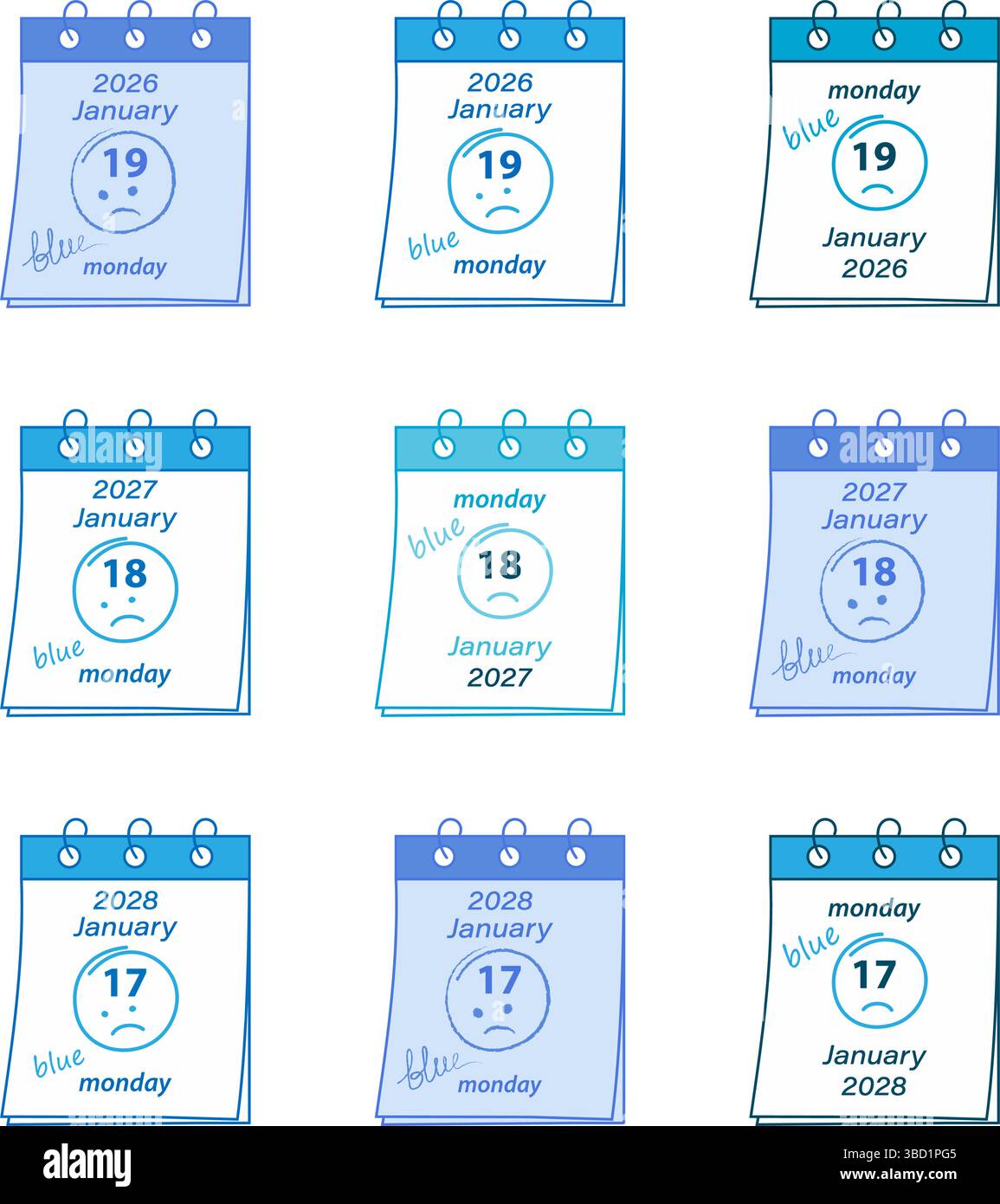 Spring bound calendar pages Blue Monday Date and Hand Drawn Sad ...