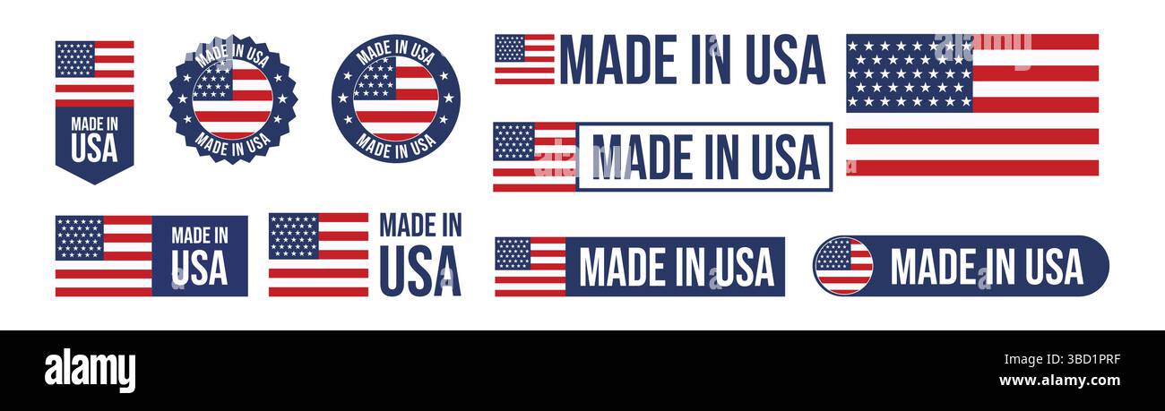 Made in USA Labels Icon, American Flag product emblem logo, Set of made ...