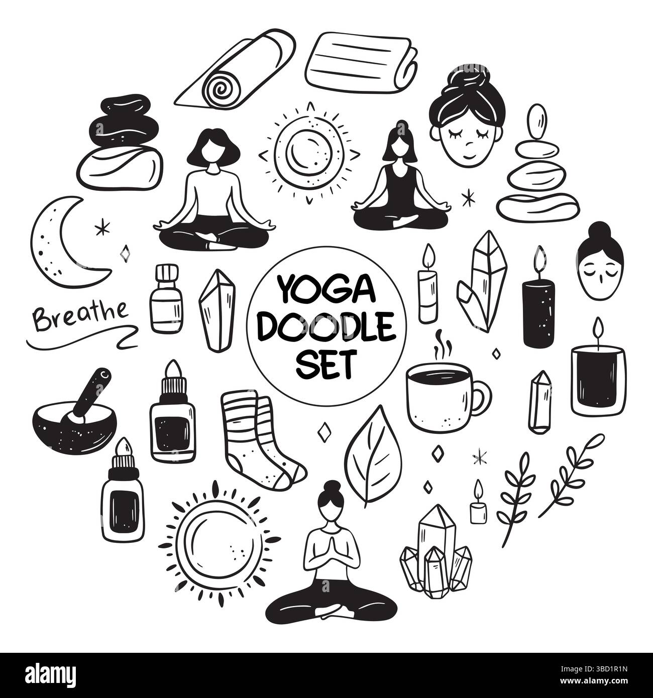 Collection of yoga, relax, meditation doodles illustrating poses and ...
