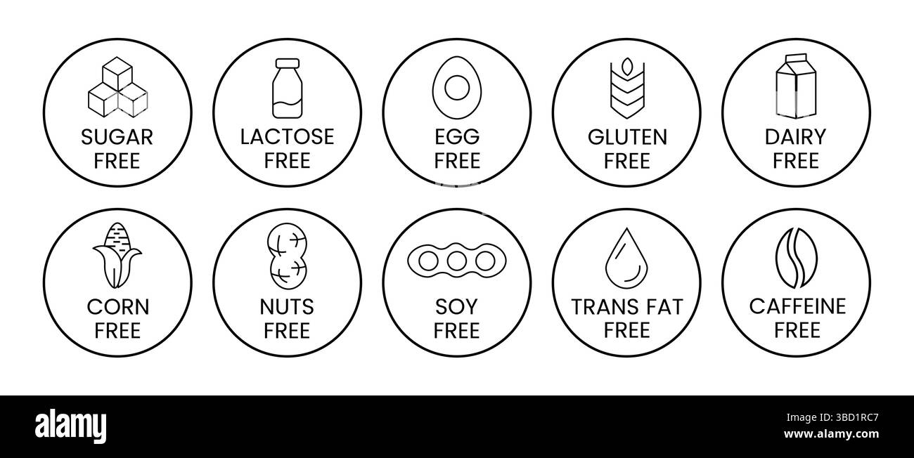 Set allergen free icons. Allergen free products. Products warning ...