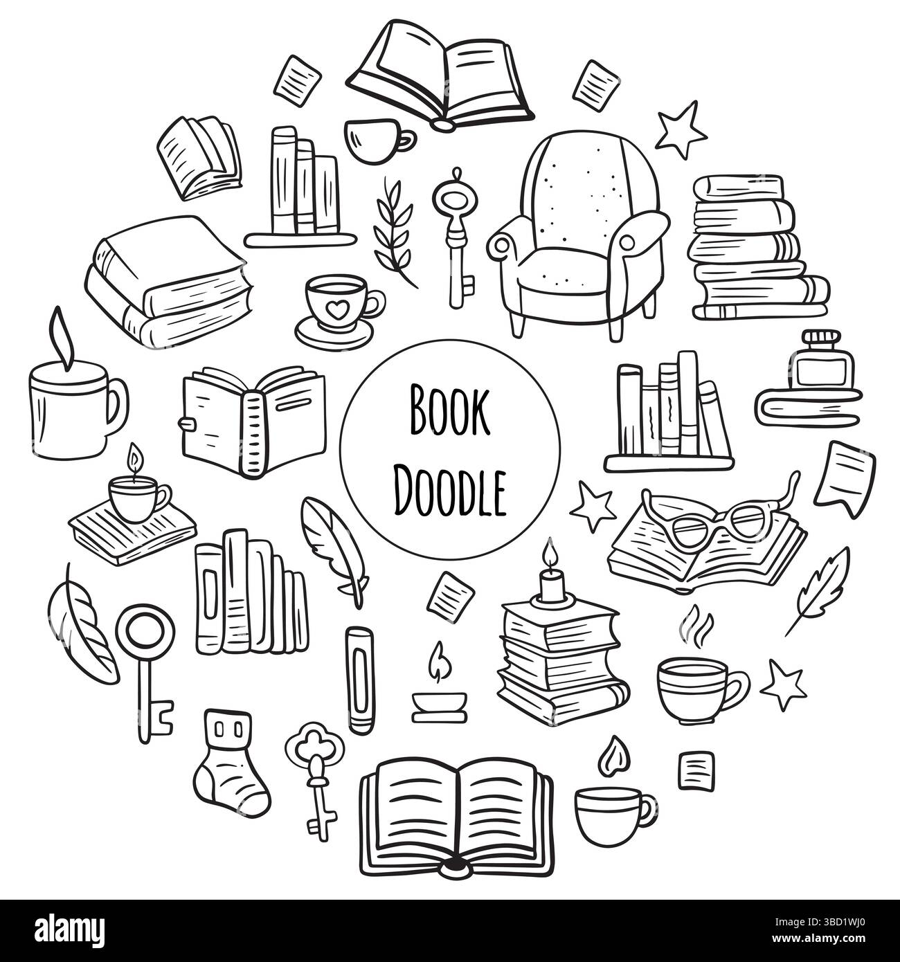 Sketches of open and closed books, stack of textbooks, dictionary or ...