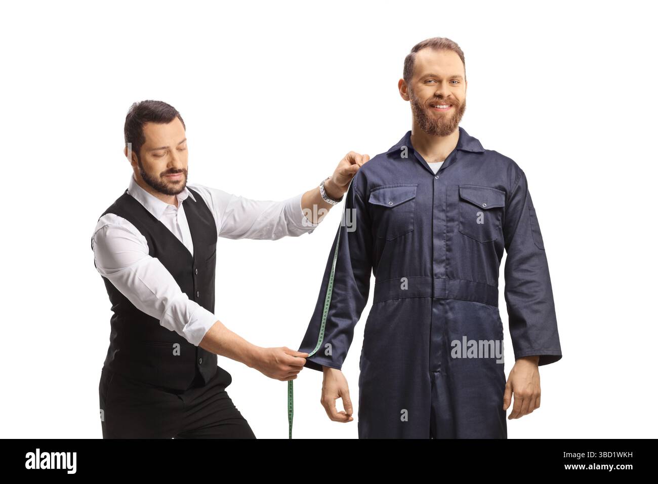 Tailor measuring a uniform for a worker isolated on white background ...