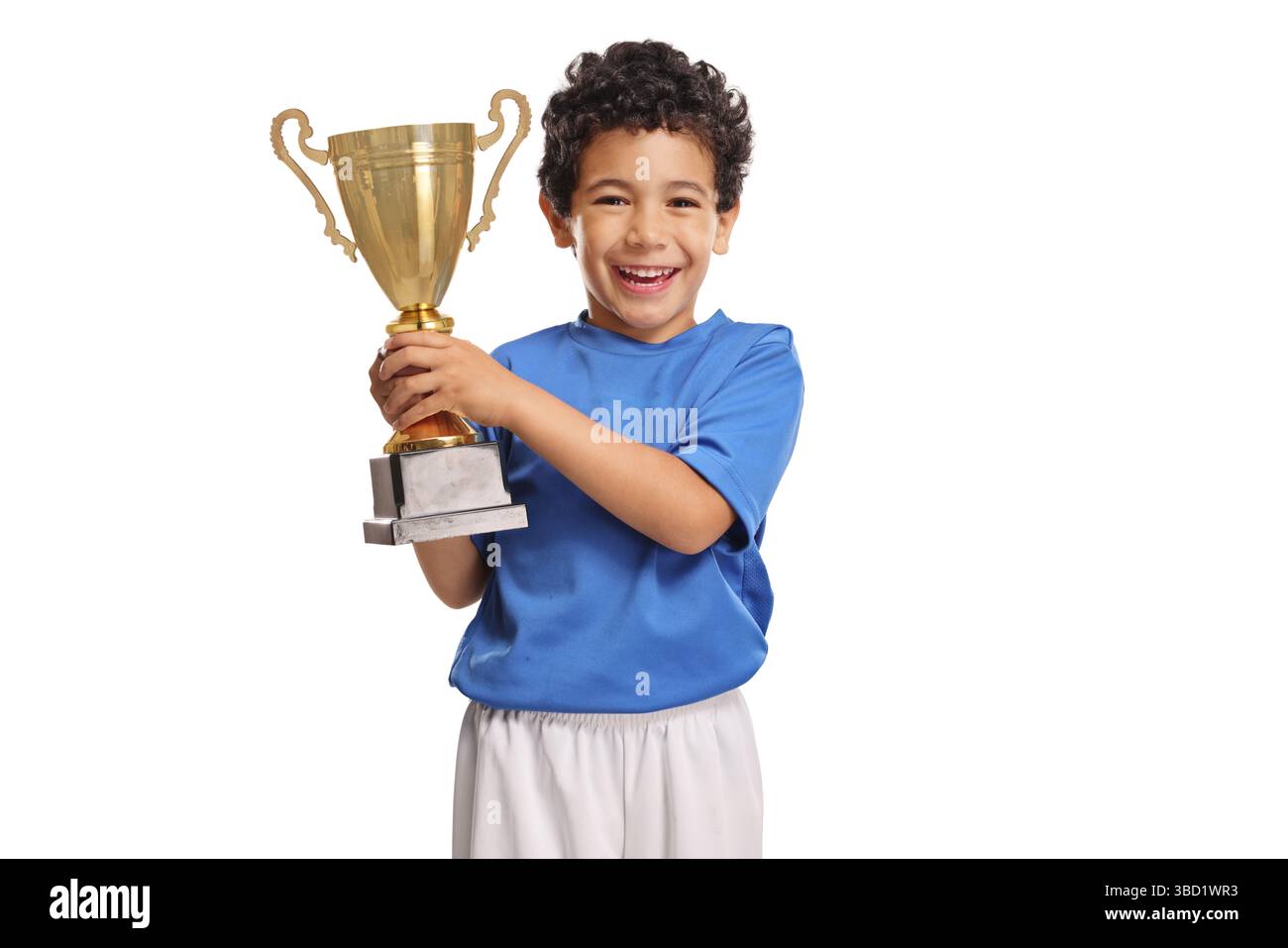 Asian kid in sports jersey holding a gold trophy cup isolated on white ...