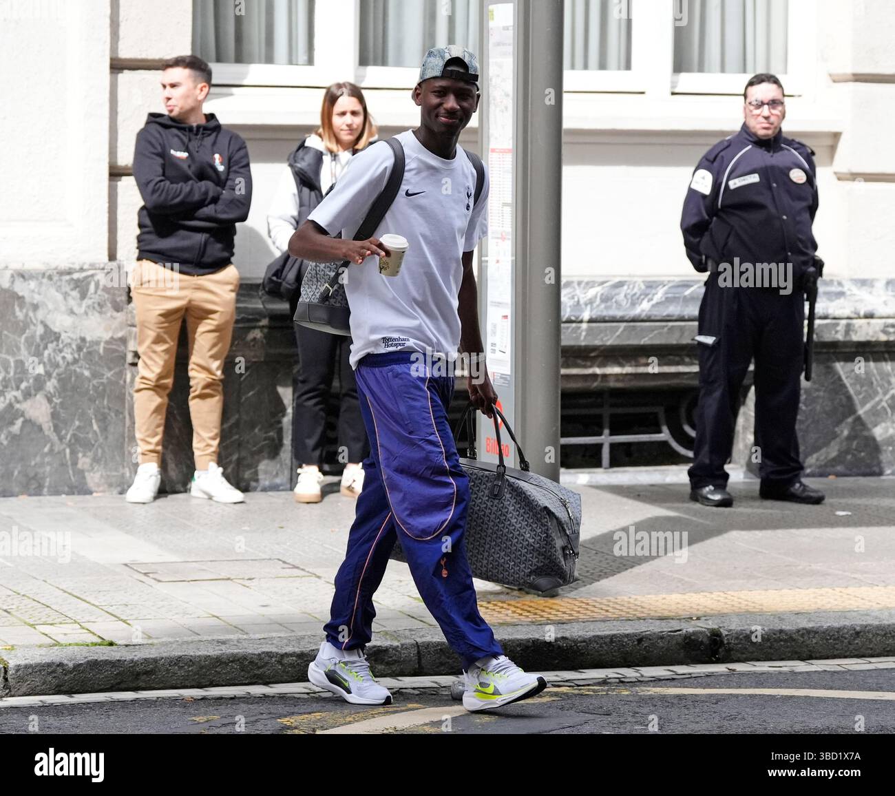 Tottenham Hotspur's Pape Matar Sarr leaves the team hotel in Bilbao after Tottenham Hotspur won ...