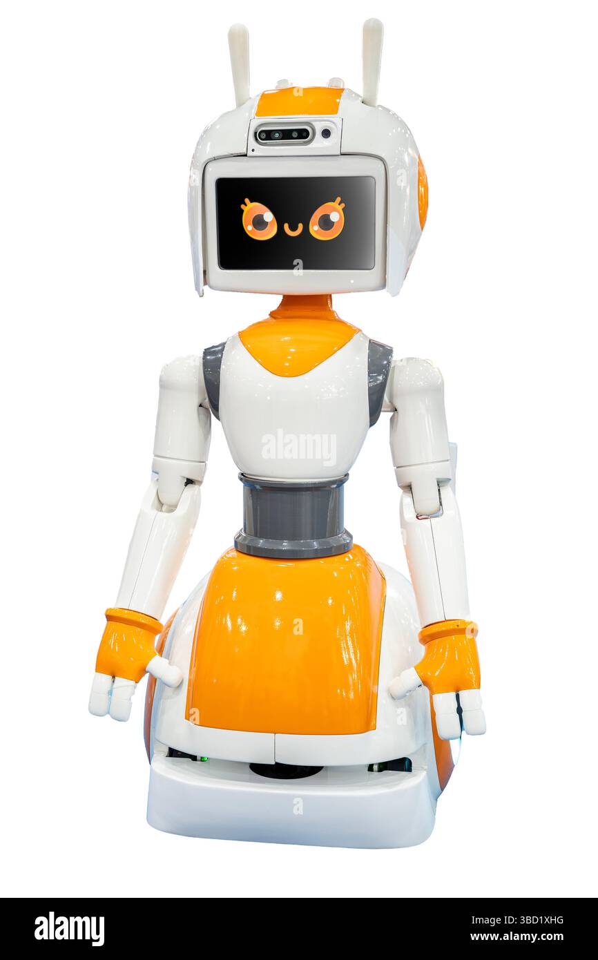 AI small orange robot with human face and body isolated on white ...