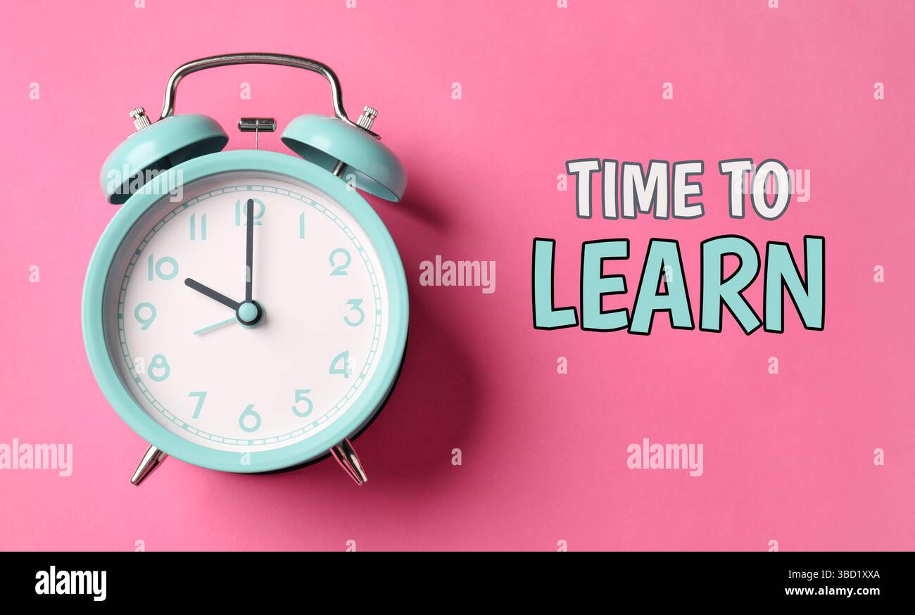 Alarm clock and words Time To Learn on pink background. Banner design ...