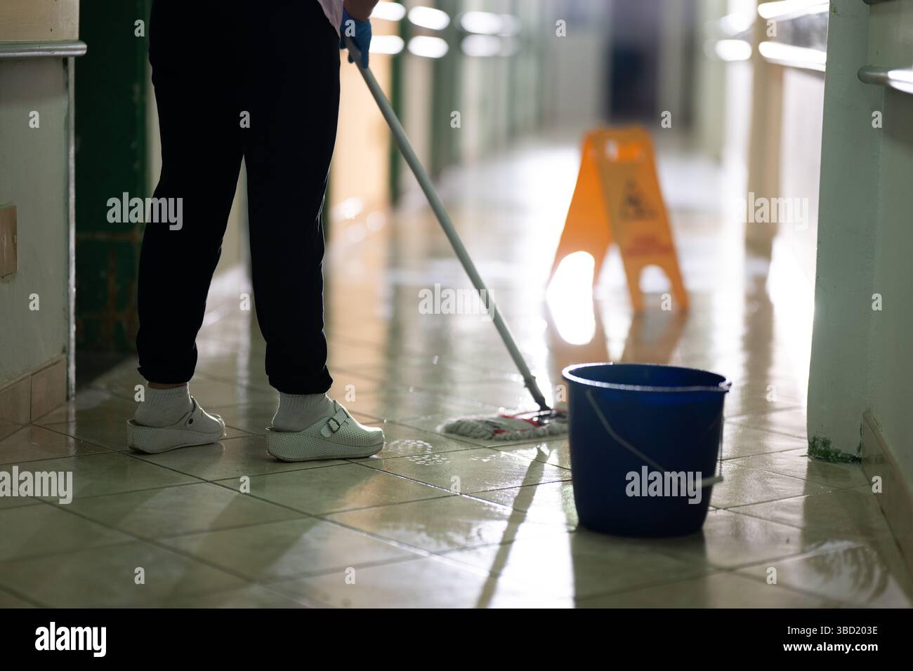 Cleaning Staff in Hospital Hallway.Female janitor standing in a ...