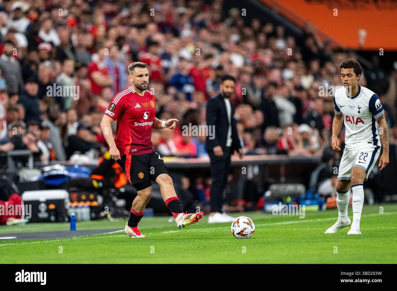 Bilbao, Spain. 21st May, 2025. Luke Shaw (23) of Manchester United seen ...