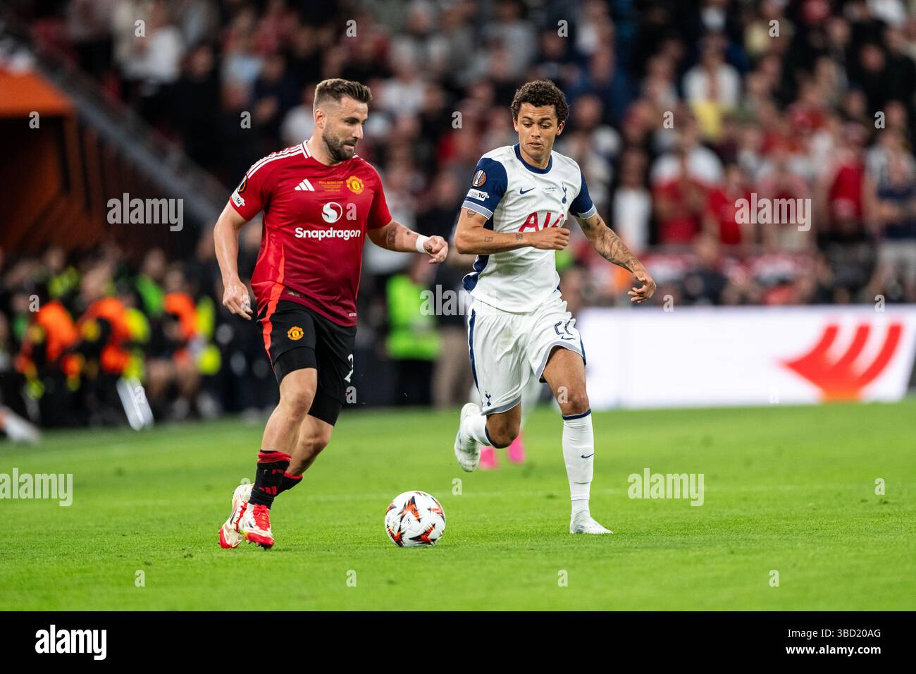Bilbao, Spain. 21st May, 2025. Luke Shaw (23) of Manchester United and ...
