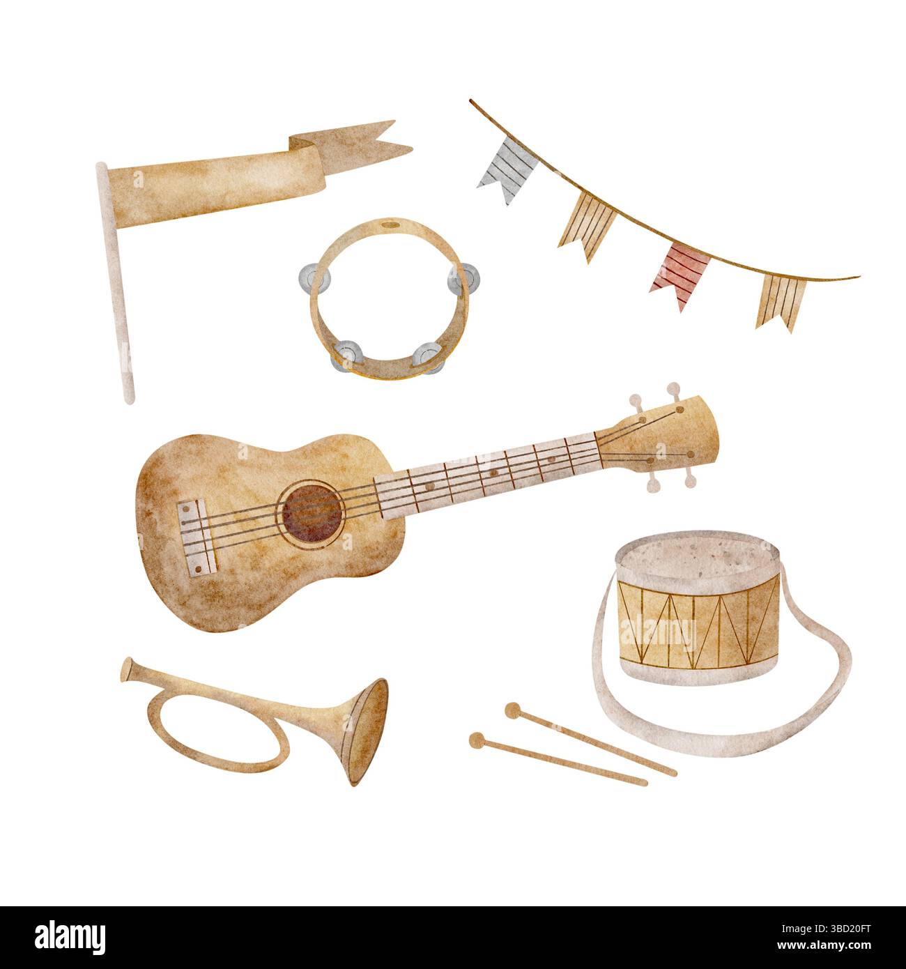 Watercolor illustration musical instruments, guitar, drum, trumpet ...