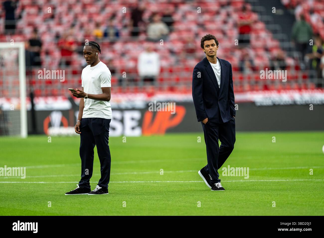 Bilbao, Spain. 21st May, 2025. Mathys Tel (L) and Brennan Johnson (R ...