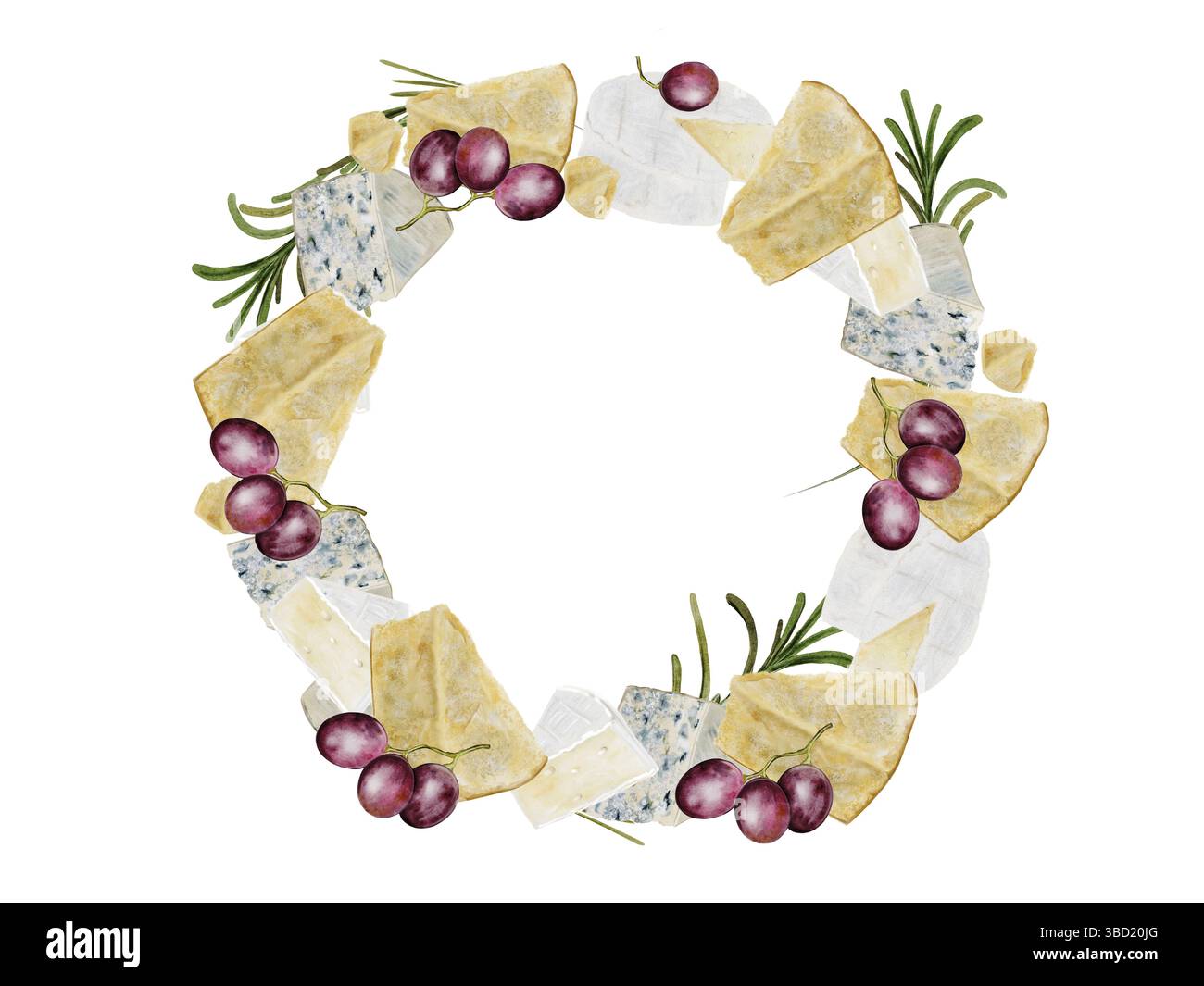 Cheese watercolor frame. Hand drawn different cheeses, parmesan, brie ...
