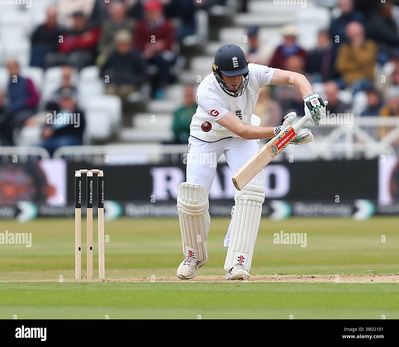 Nottingham, England, May 22 2025: Zak Crawley (6 England) struck on the ...
