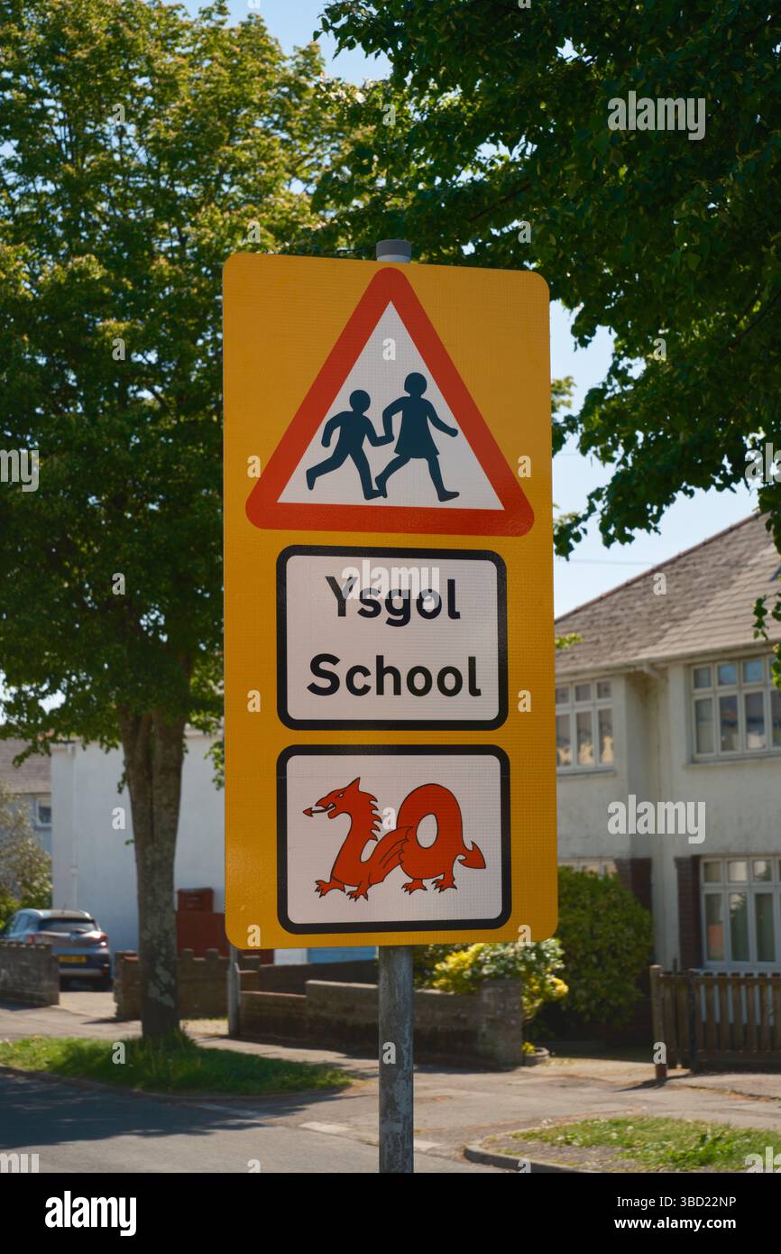 Bilingual Welsh-English school road sign with red dragon symbol and ...