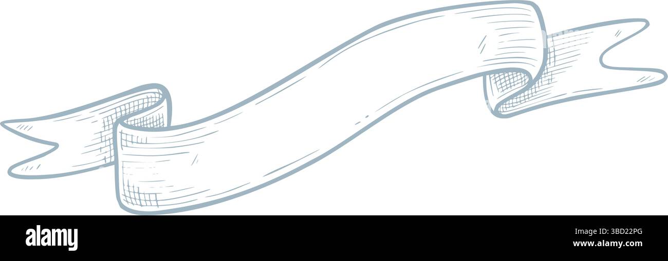 Hand drawn vector illustration of curled Ribbon. Linear pastel blue ...