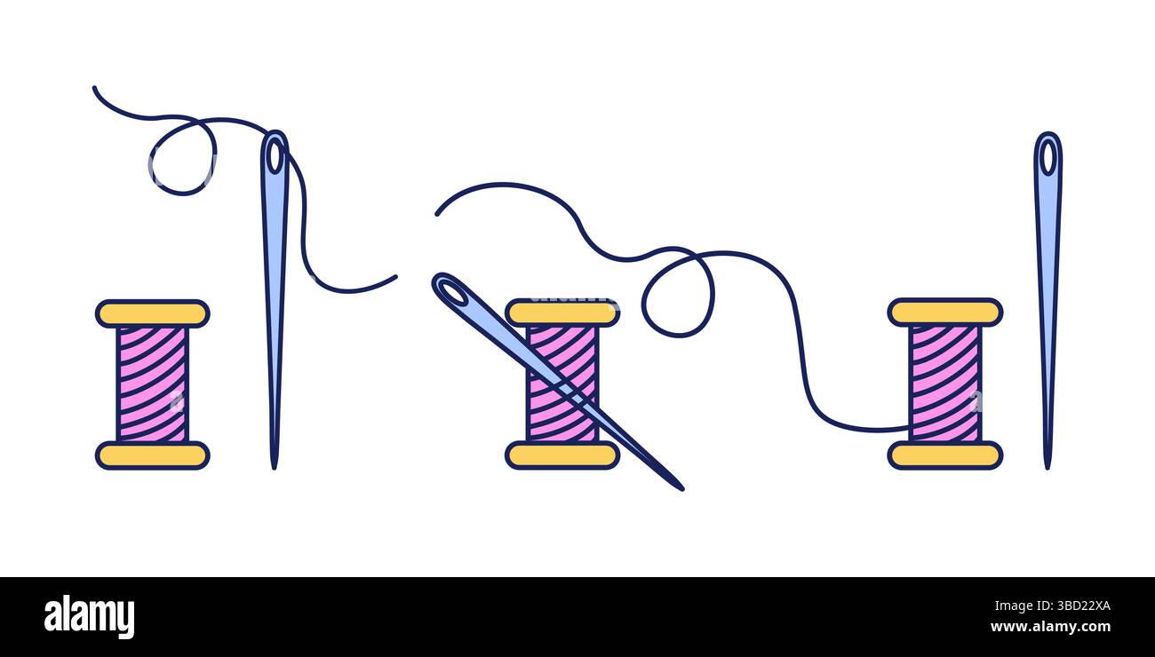 Needles and spools of thread in colorful linear style. Flat vector ...