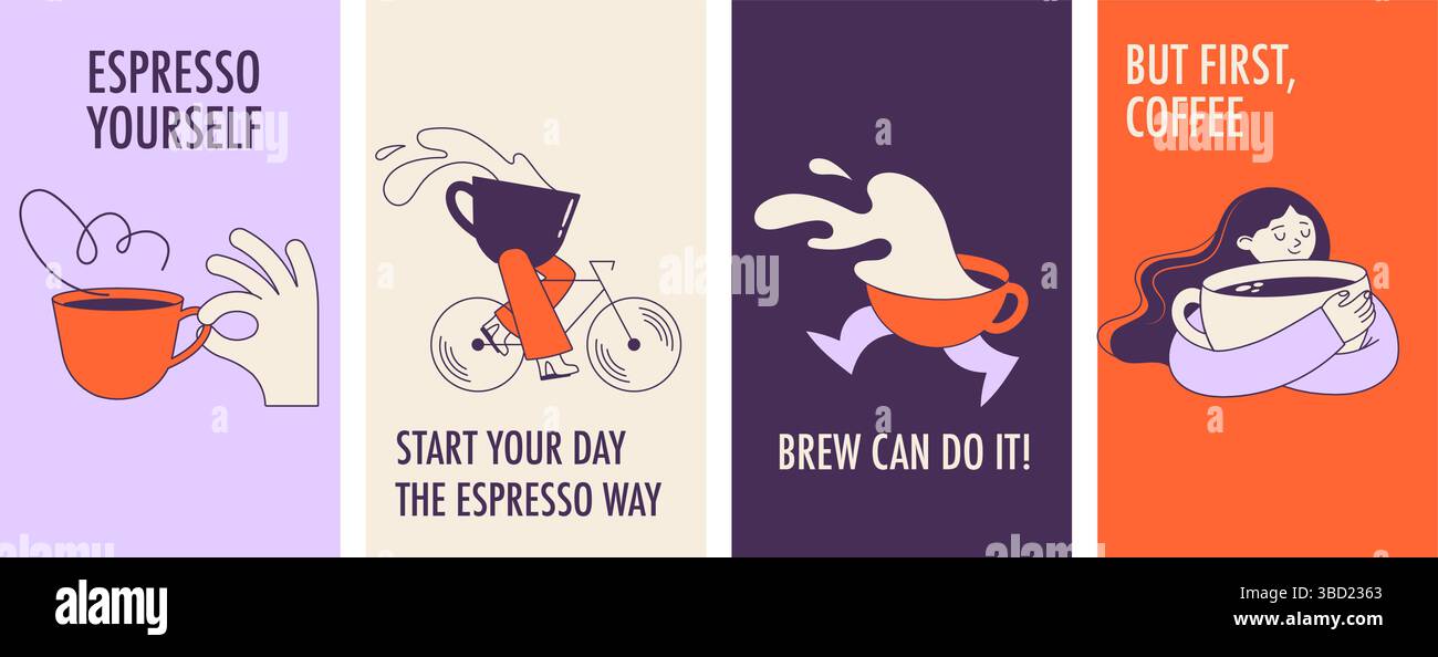 Hand drawn coffee quote posters with cute cartoon characters Stock ...