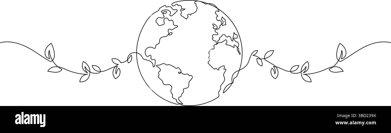 earth with tree leaf vine ecology green concept one line drawing ...