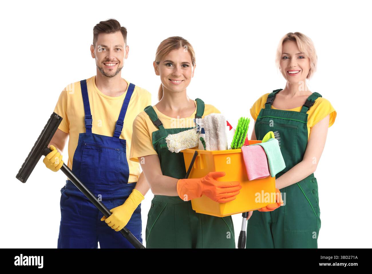 Cleaning team with supplies on white background Stock Photo - Alamy