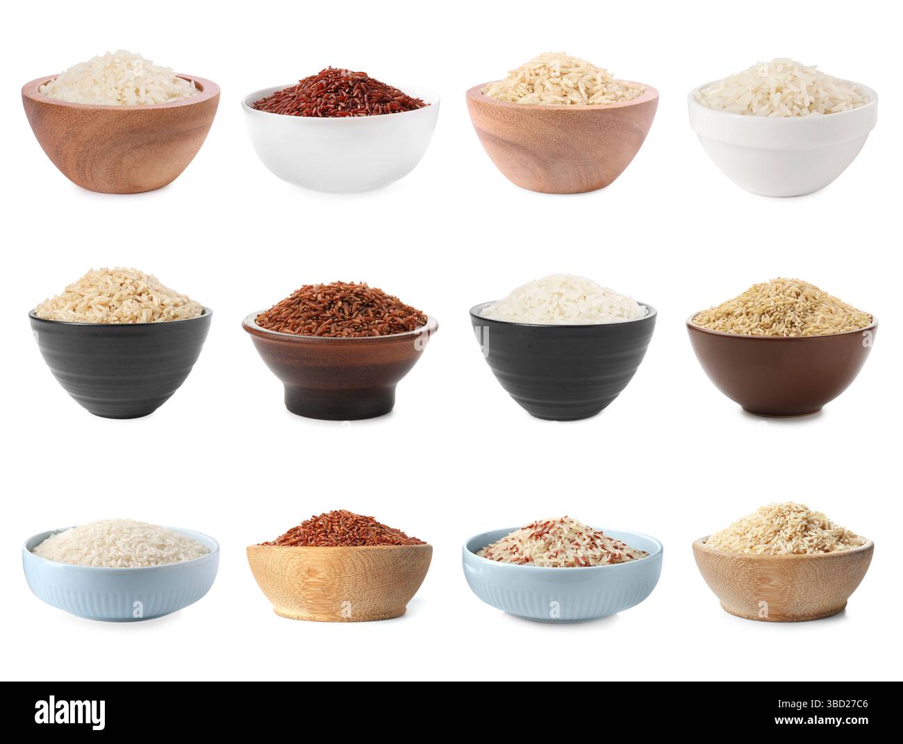 Brown rice and other types of rice in bowls isolated on white, set ...
