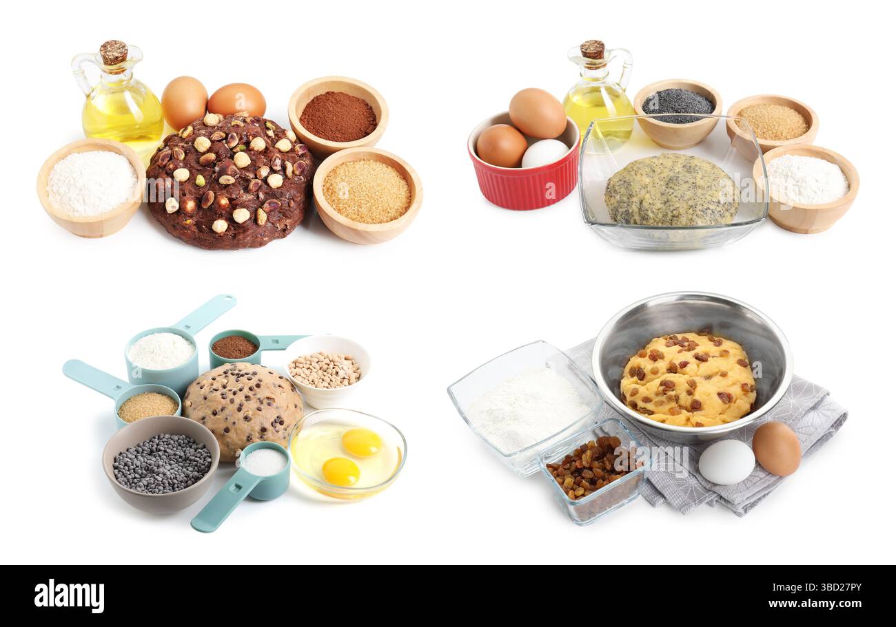 Different types of dough and ingredients isolated on white, set Stock ...