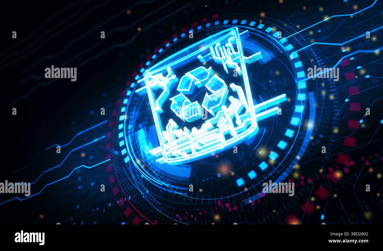 Trash waste management and delete bin symbol digital concept. Network, cyber technology and ...