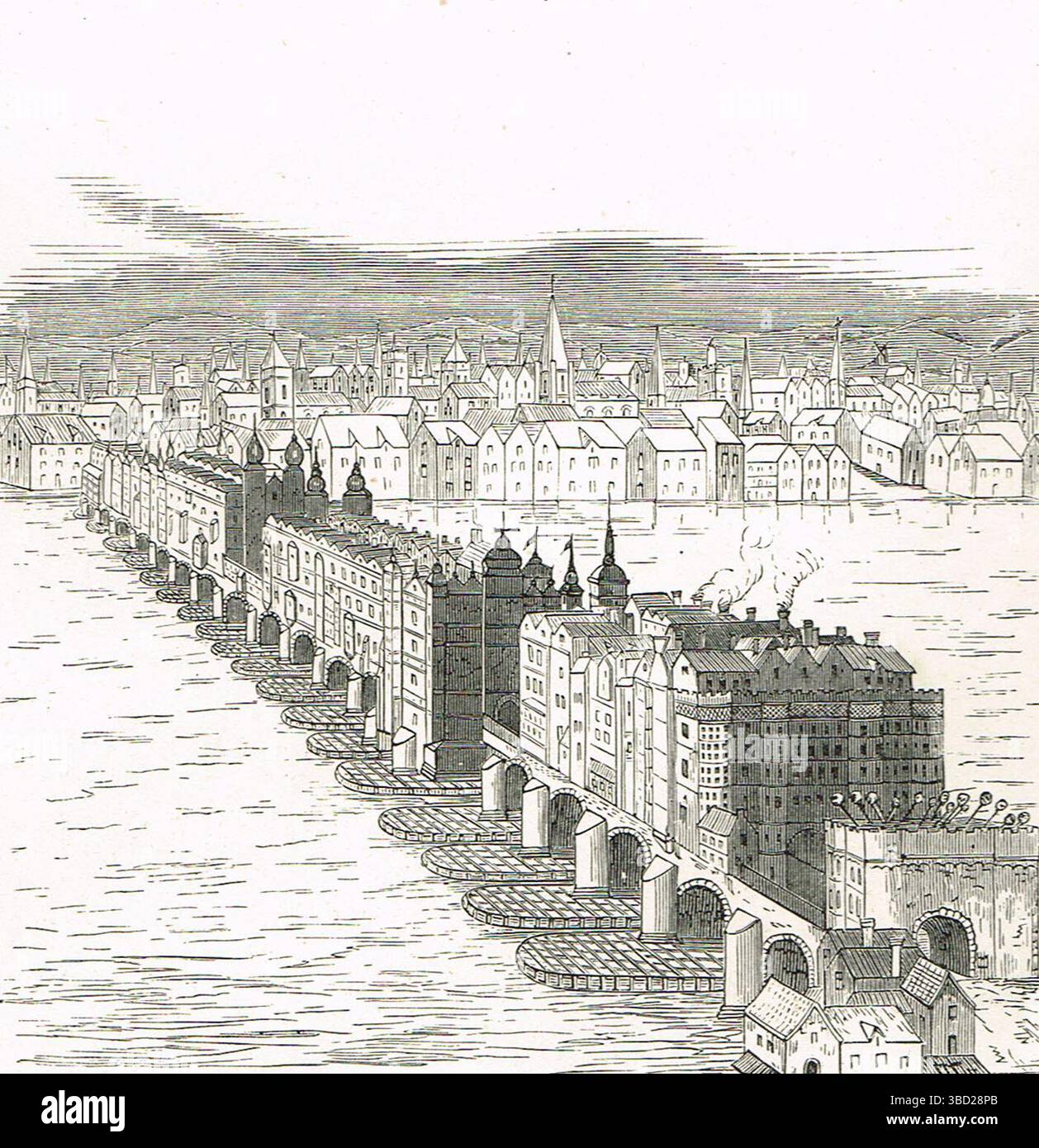 Old London bridge, England in the 17th century before the great fire ...