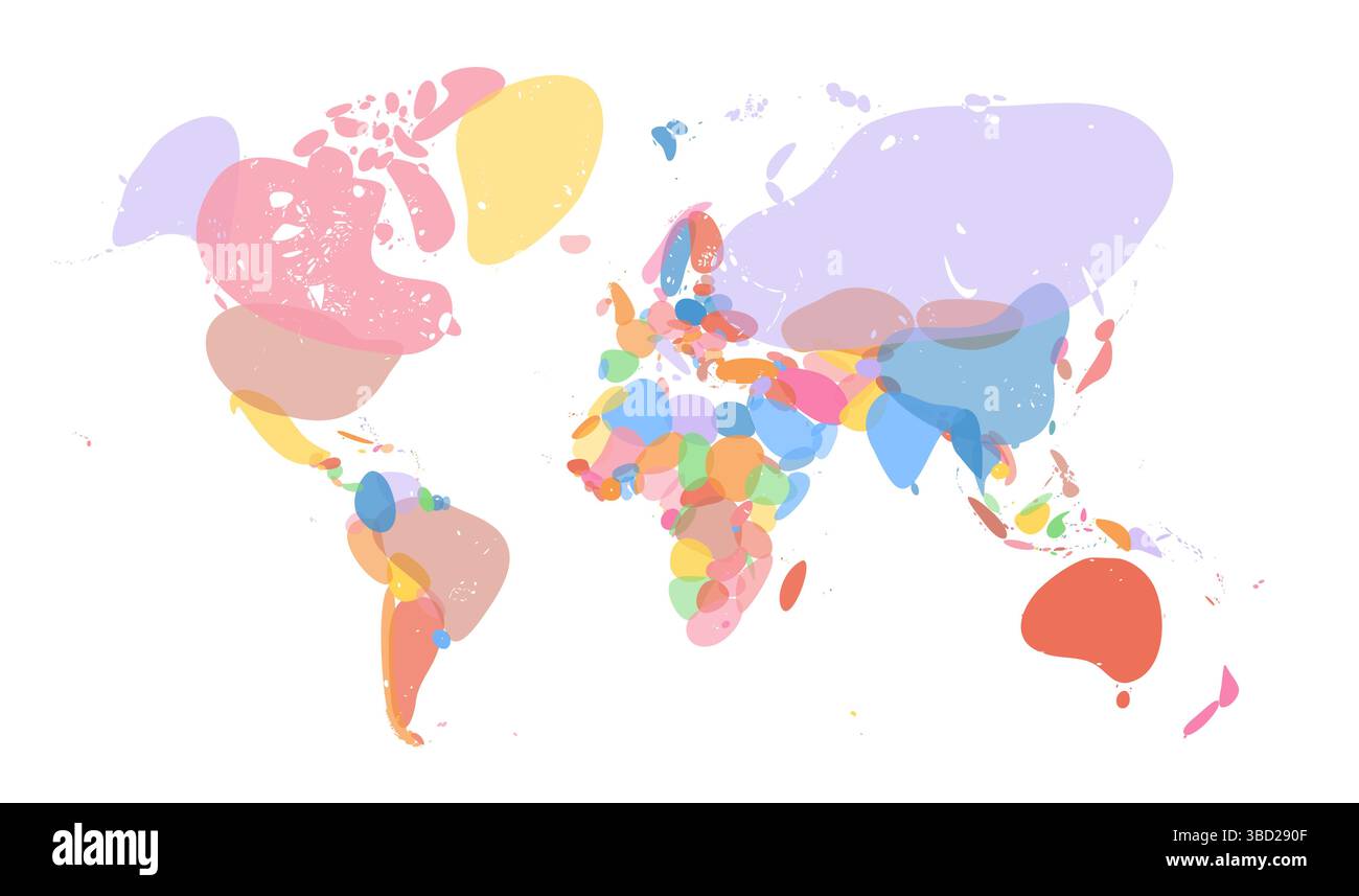 World map, abstract colorful continents, distorted artistic layout ...