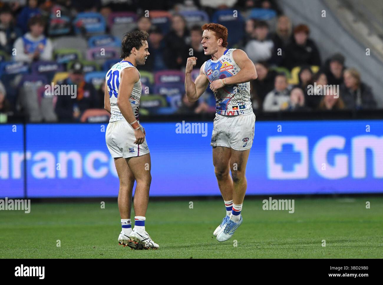 Ed Richards of the Bulldogs (right) reacts after kicking a goal during ...