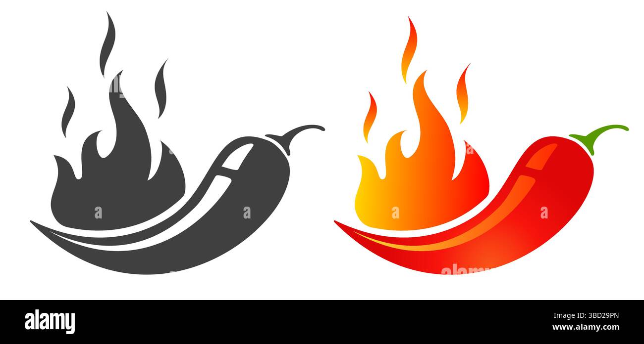 Hot red chilli pepper with fire. Vector emblems jalapeno or chilli ...