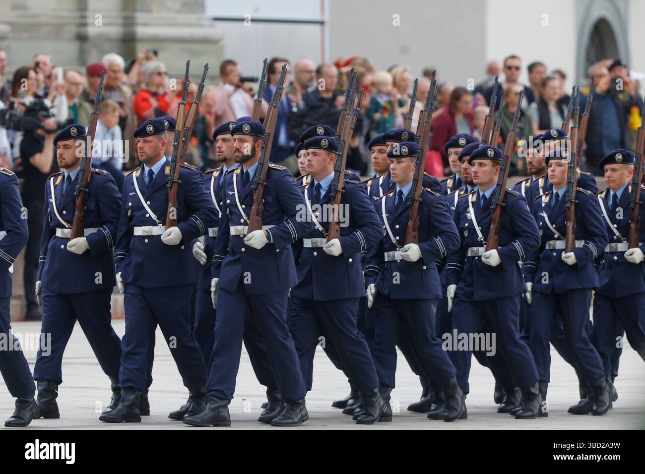German soldiers march at a formal inauguration of a German brigade for ...