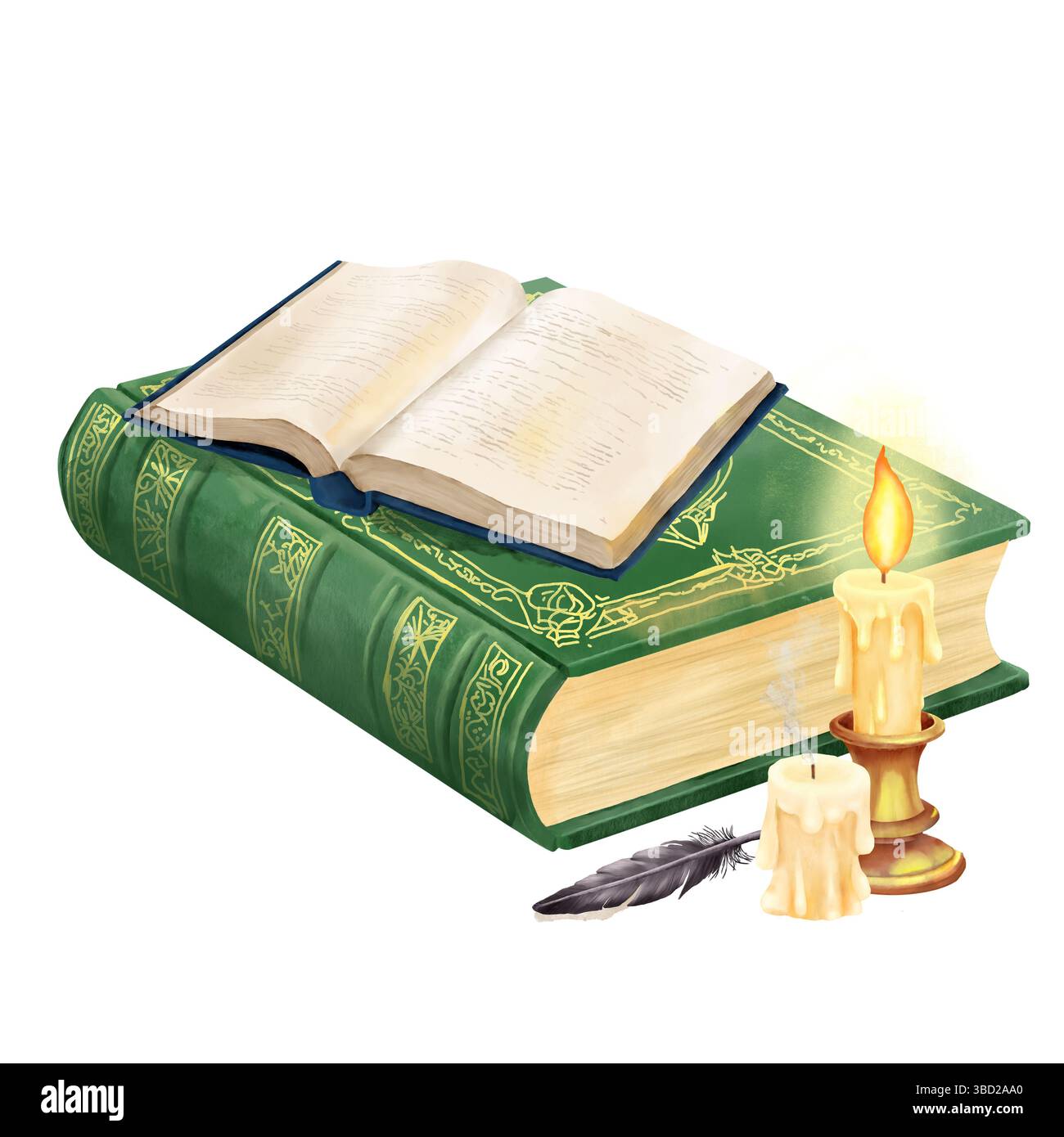 Open book lies on closed one, with raven's feather on page. burning ...