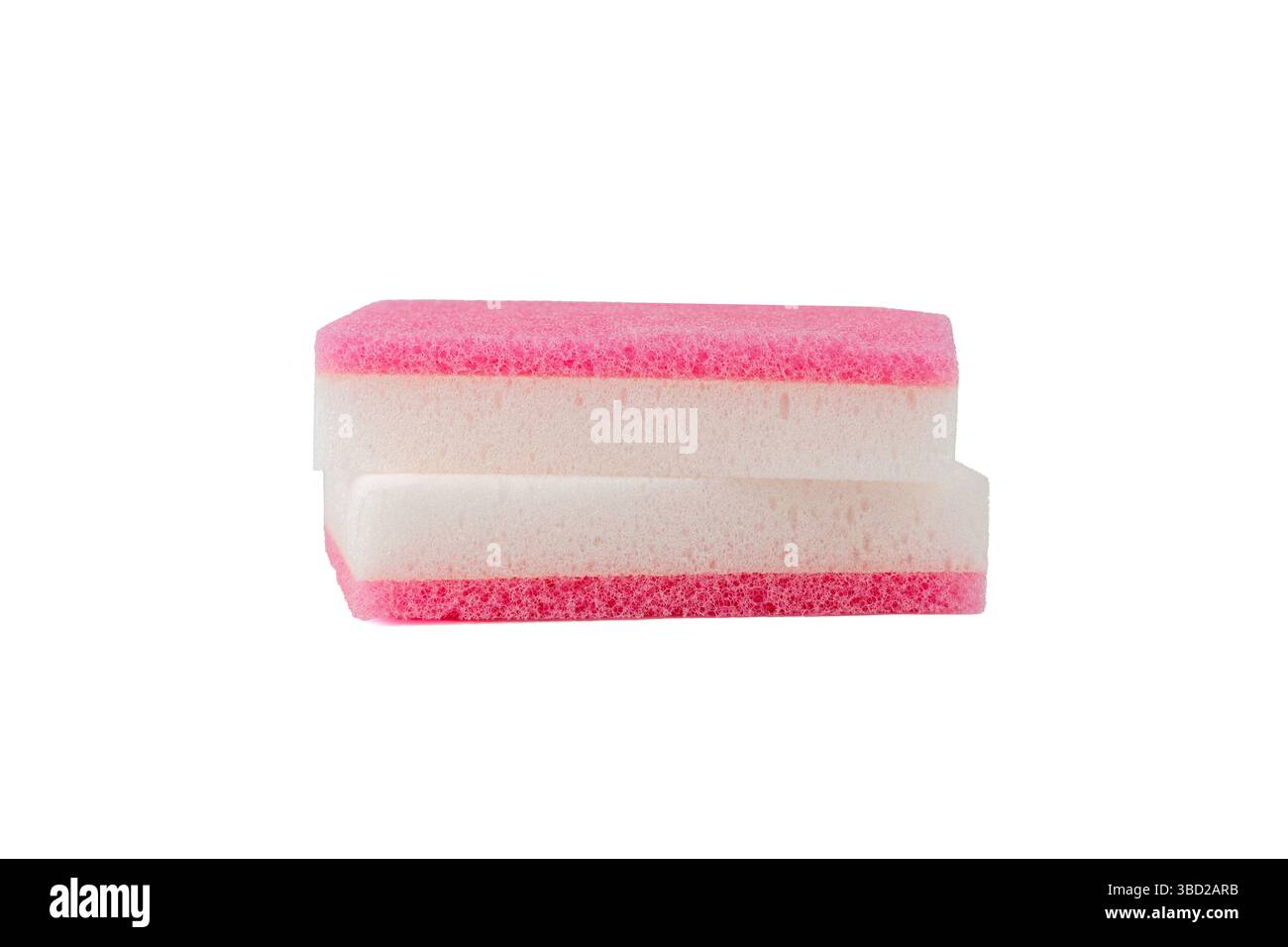 Two household sponges with a white and pink color design lie on top of ...
