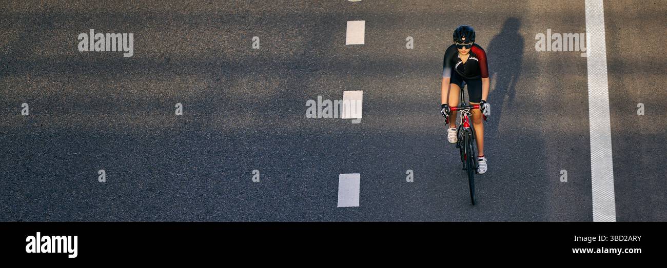 Banner. Female road cyclist, dressed back sport gear, riding on empty ...